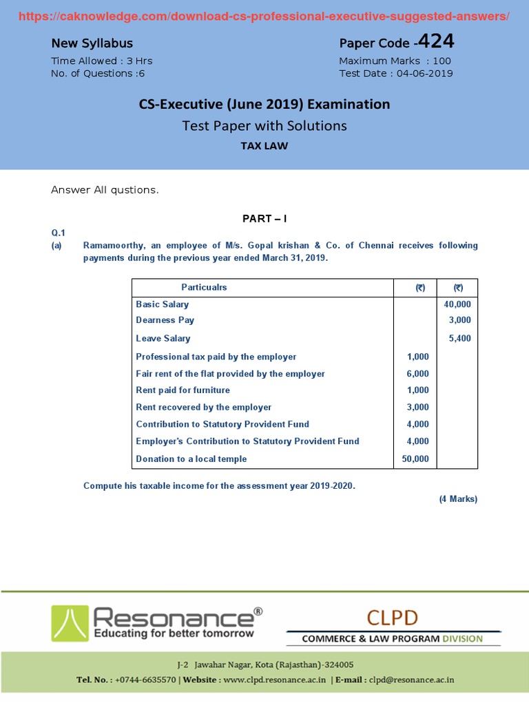 CS Executive Tax Law Solutions 2019 | PDF | Income Tax In India | Expense