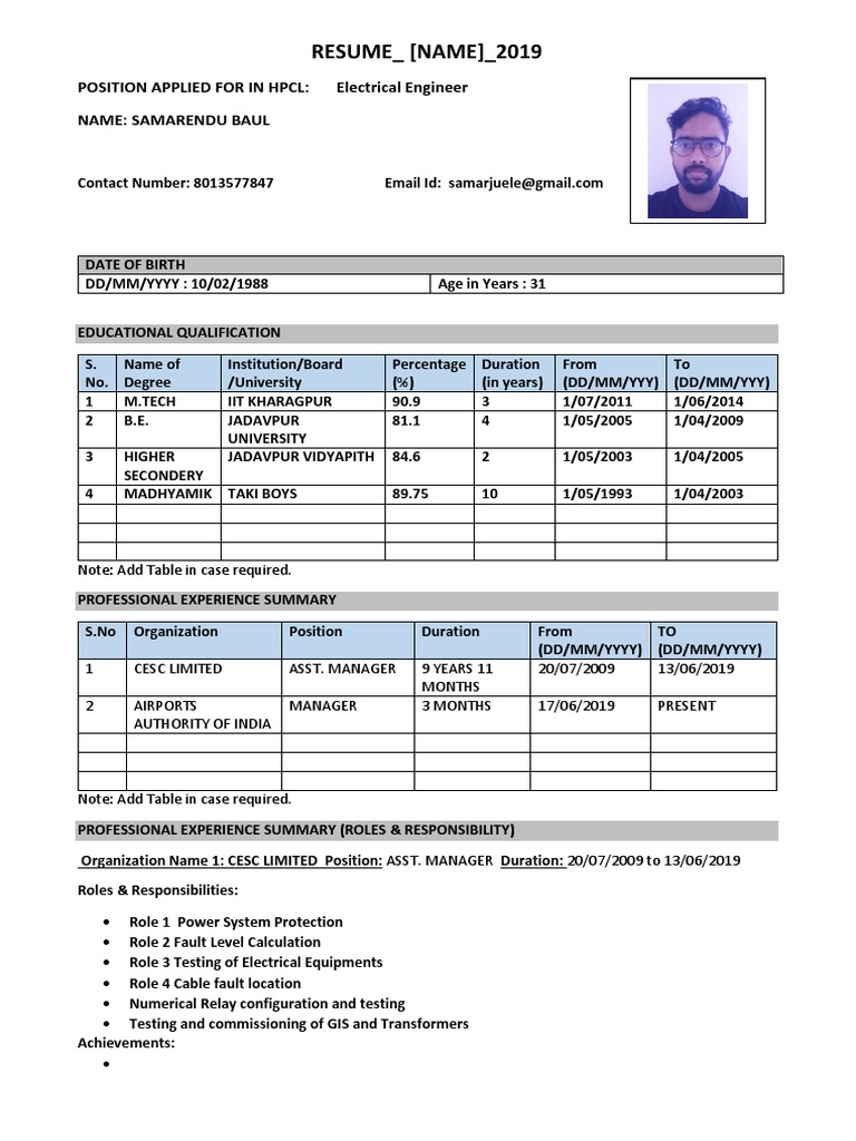 Resume Standard Format HPCL | PDF | Engineering