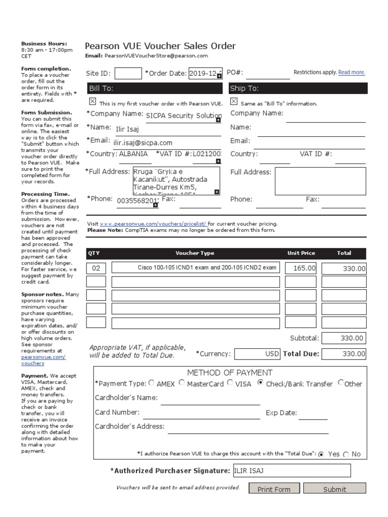 Pearson VUE Voucher Order Form | PDF | Visa Inc. | Payments