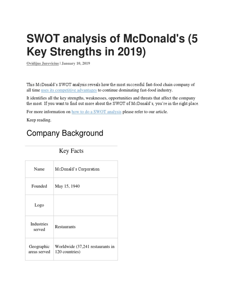 SWOT Analysis of McDonald | PDF | Franchising | Mc Donald's