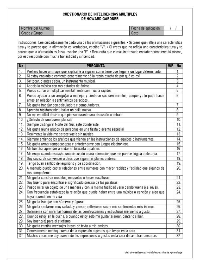 Cuestionario de Inteligencias Múltiples de Howard Gardner | PDF ...