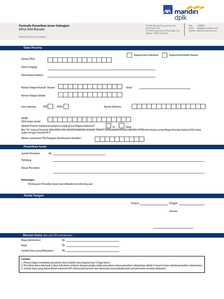 Formulir Penarikan Iuran Sebagian DPLK AXA Mandiri PDF | PDF