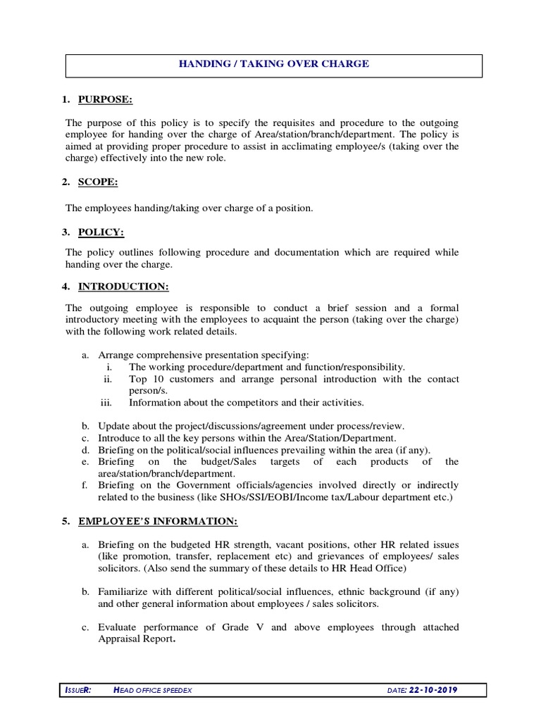 Employee Handover Policy Guide | PDF | Cheque | Computing