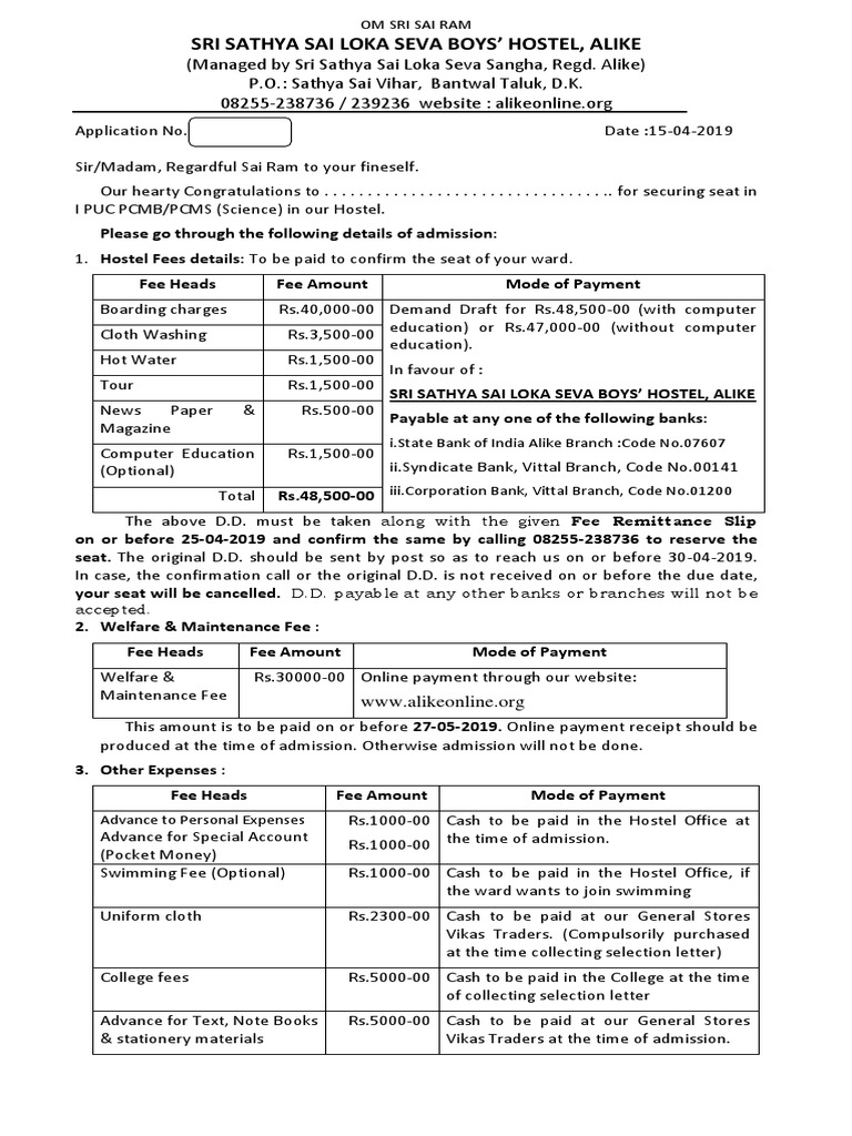 I PUC Science Selection Letter | PDF | Fee | Payments
