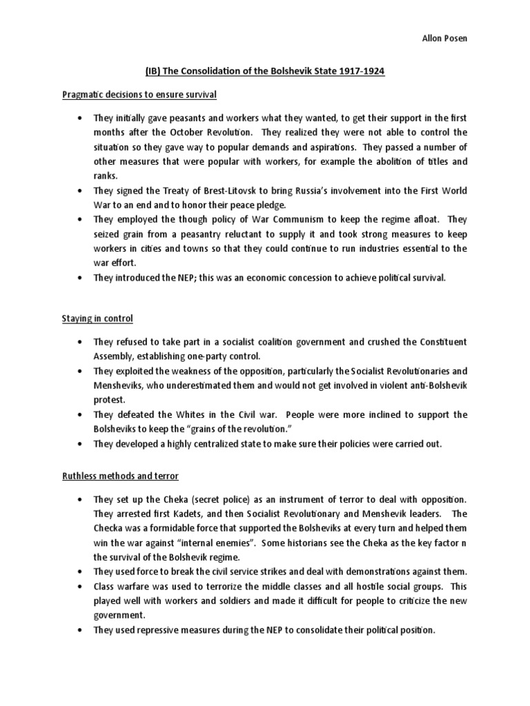 IB History - The Consolidation of The Bolshevik State 1917-1924 | PDF ...