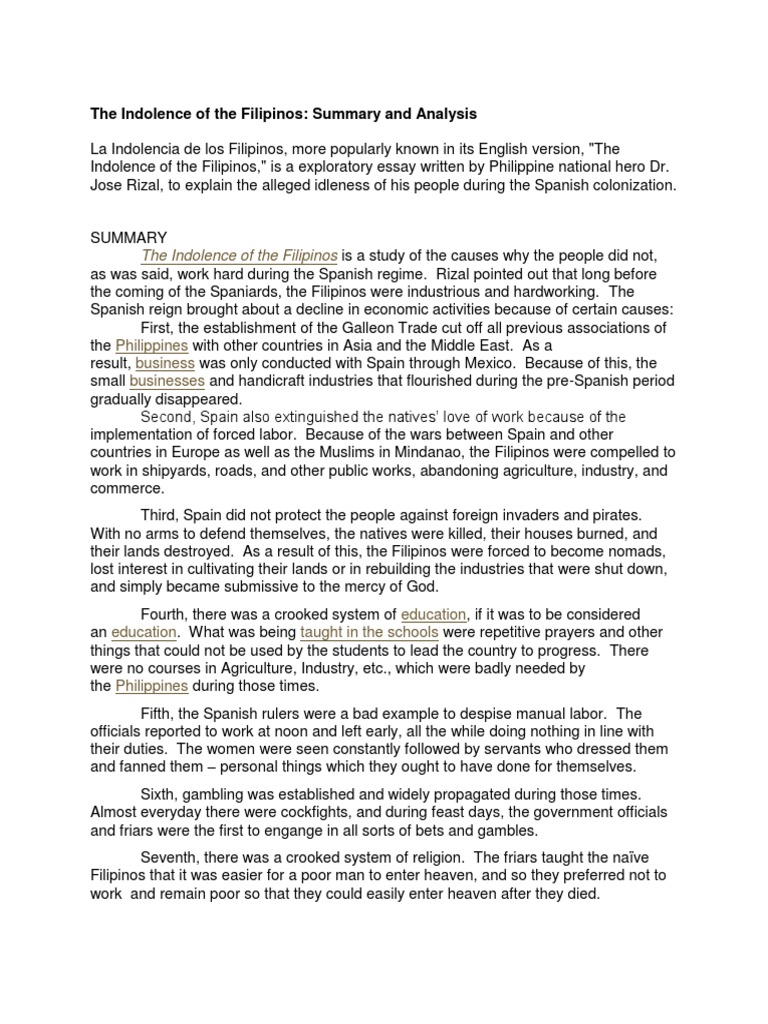 Analyzing Filipino Indolence: Rizal's View | PDF | Philippines | Spain