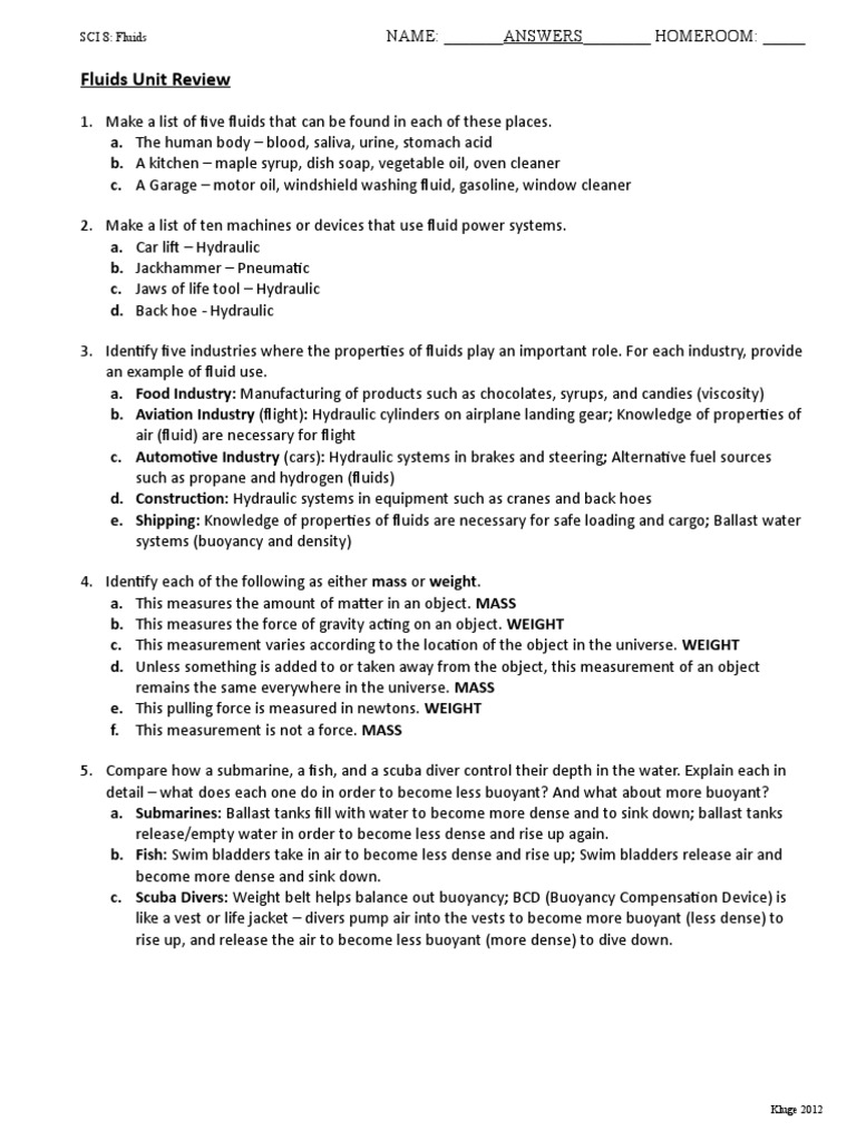Fluids Unit Review - Answers | PDF | Buoyancy | Liquids