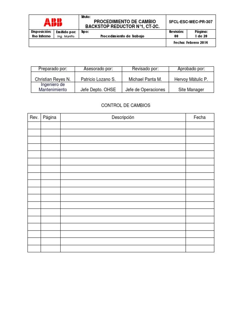 Procedimiento Cambio Backstop Reductor N°1 CT-2C, Rev.00 | PDF ...