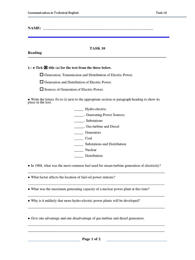 Task 10 Answer Sheet | PDF | Electric Power Distribution | Electric Power