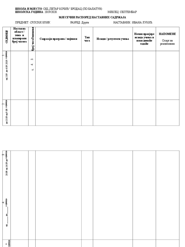 Obrazac Za Mjesecni Operativni Plan Rada, Prazan | PDF