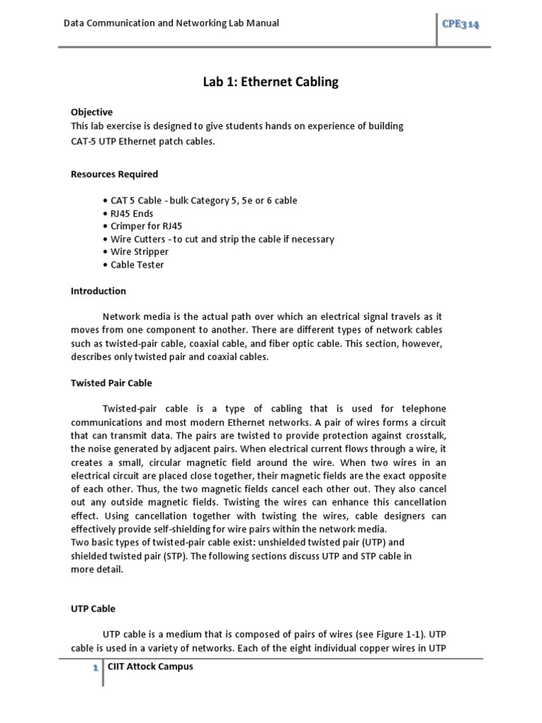 Lab 1 Ethernet Cabling Pdf Pdf Coaxial Cable Transmission Medium