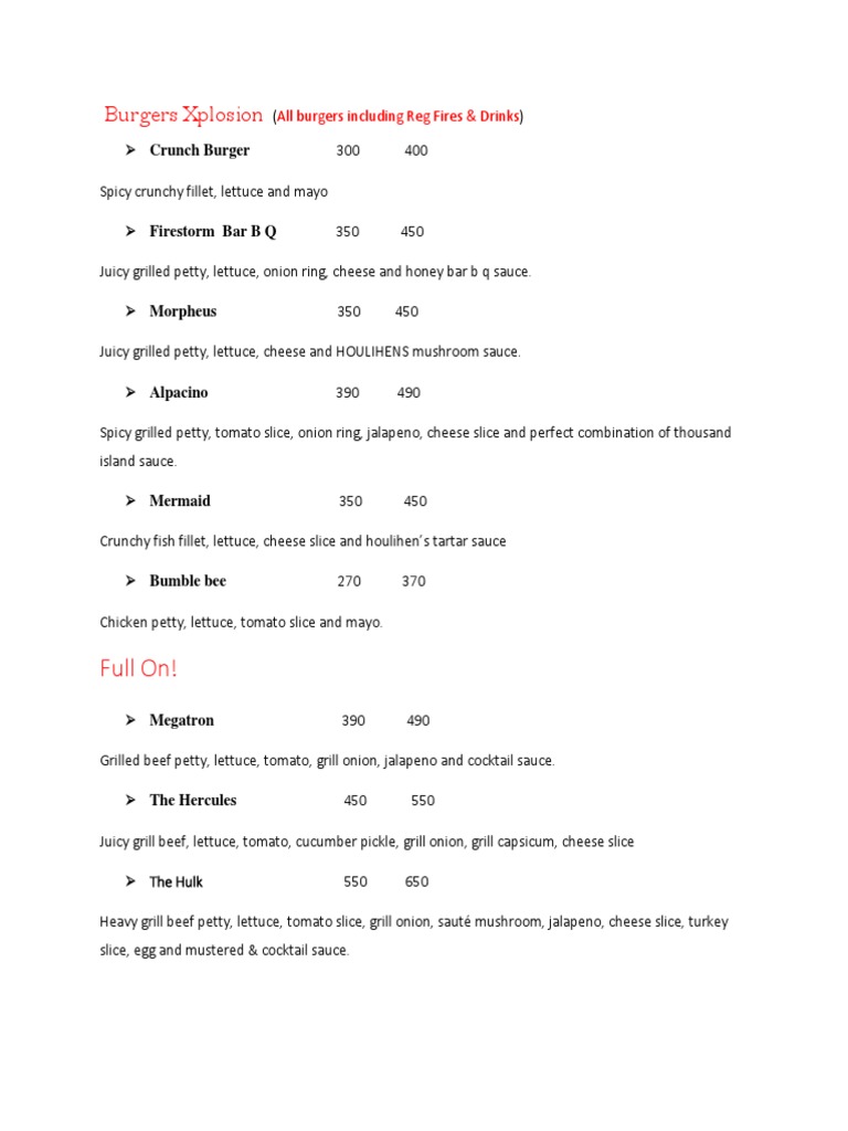 Burger Menu | PDF | Pizza | Capsicum