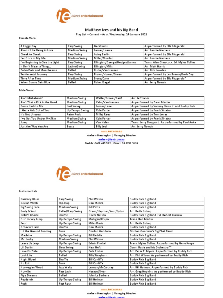 MI Big Band Set List 2015 - IE | PDF | American Music | African ...