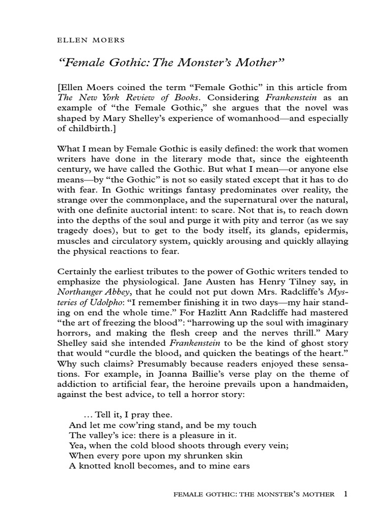 Moers Female Gothic The Monster - S Mother PDF | PDF | Mary Shelley ...