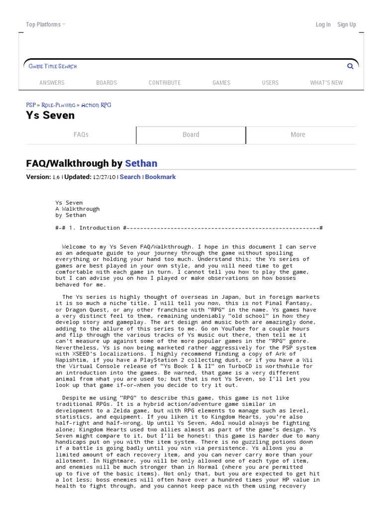 Ys Seven FAQ/Walkthrough For PSP by Sethan - GameFAQs | PDF | Strategy ...