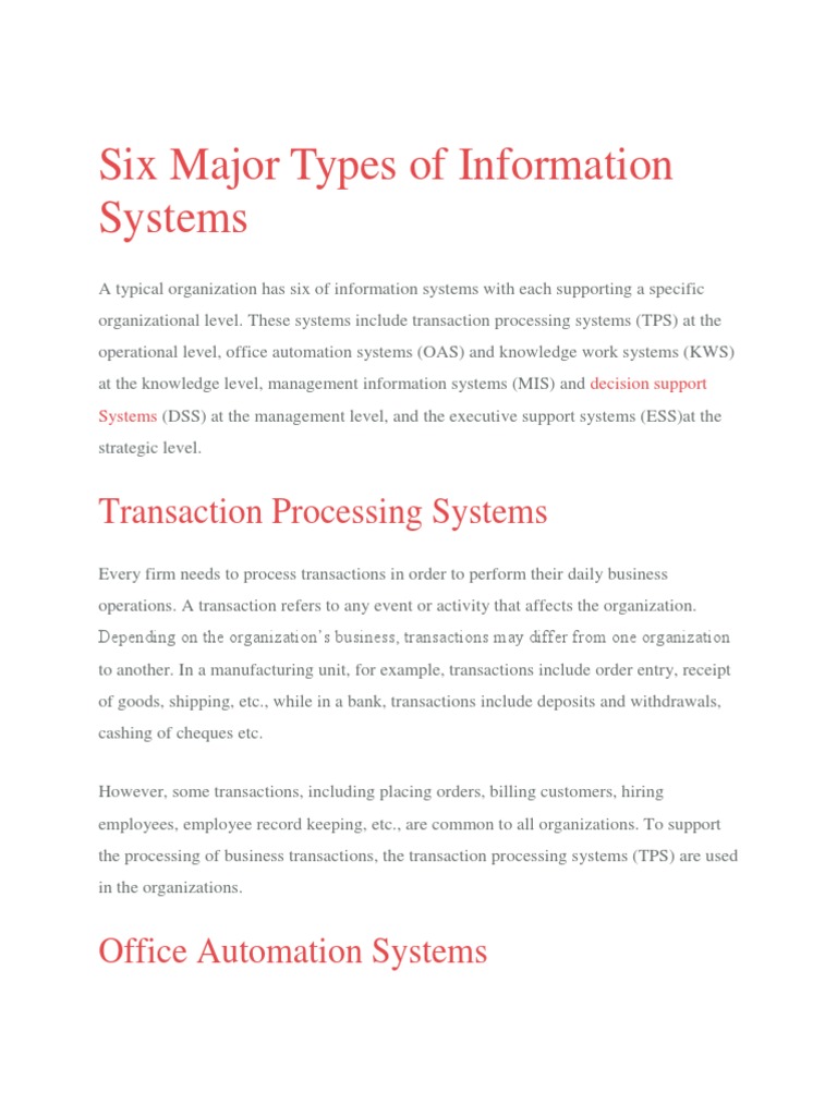 Six Major Types of Information Systems | PDF | Decision Support System ...