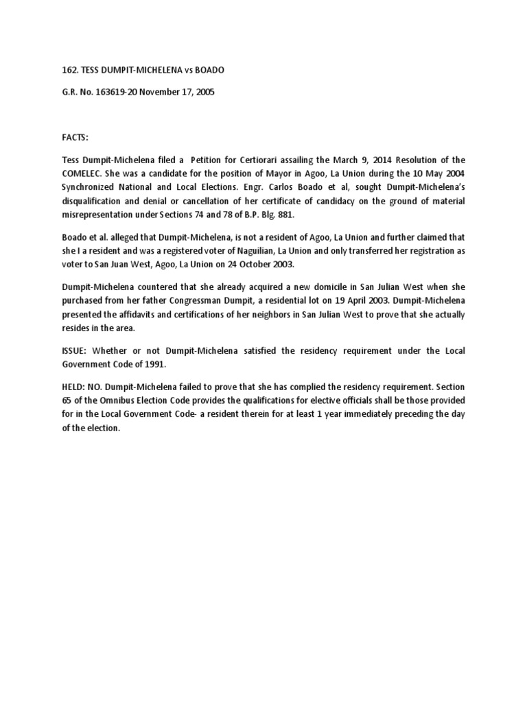 TESS DUMPIT-MICHELENA Vs BOADO | PDF
