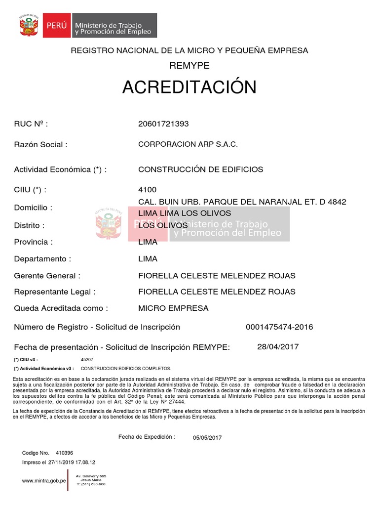 Acreditación REMYPE: Corporación ARP S.A.C. | PDF | Gobierno | Justicia