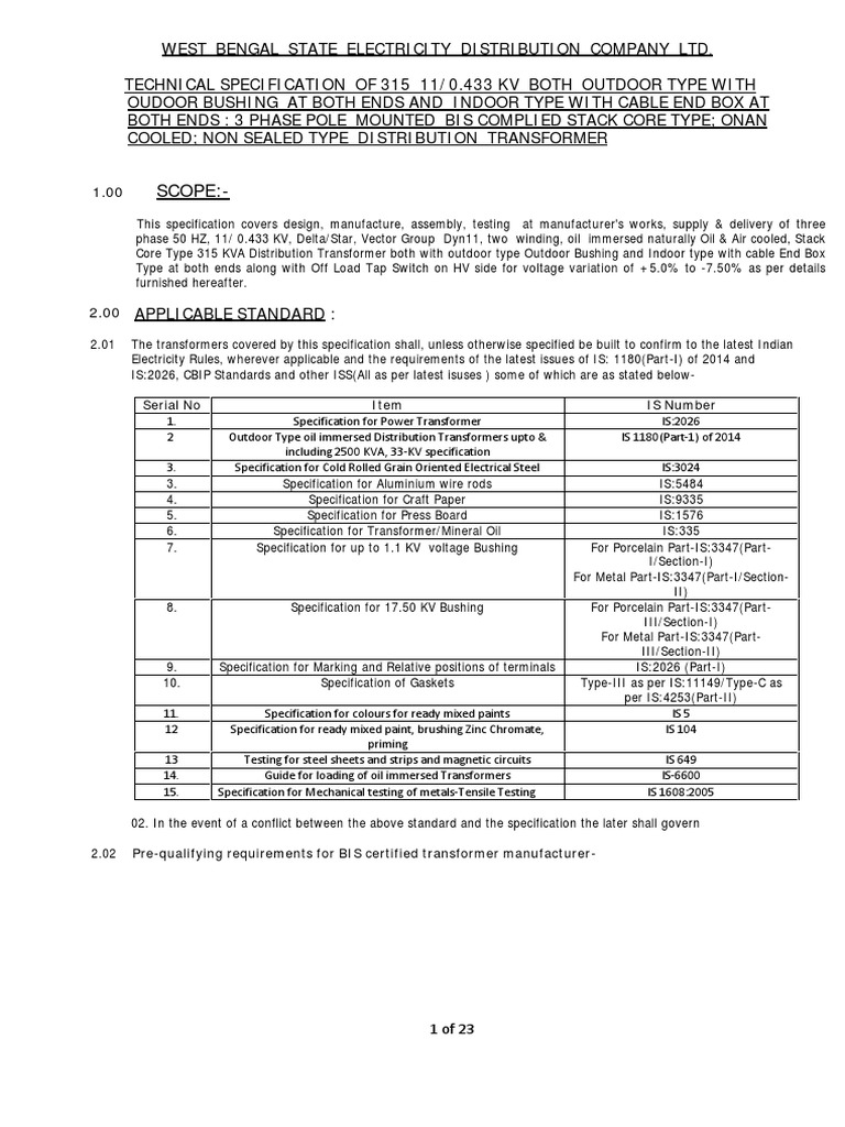 Final SPEC - 3 Star 315 KVA DTR BIS PDF | PDF | Transformer | Insulator ...