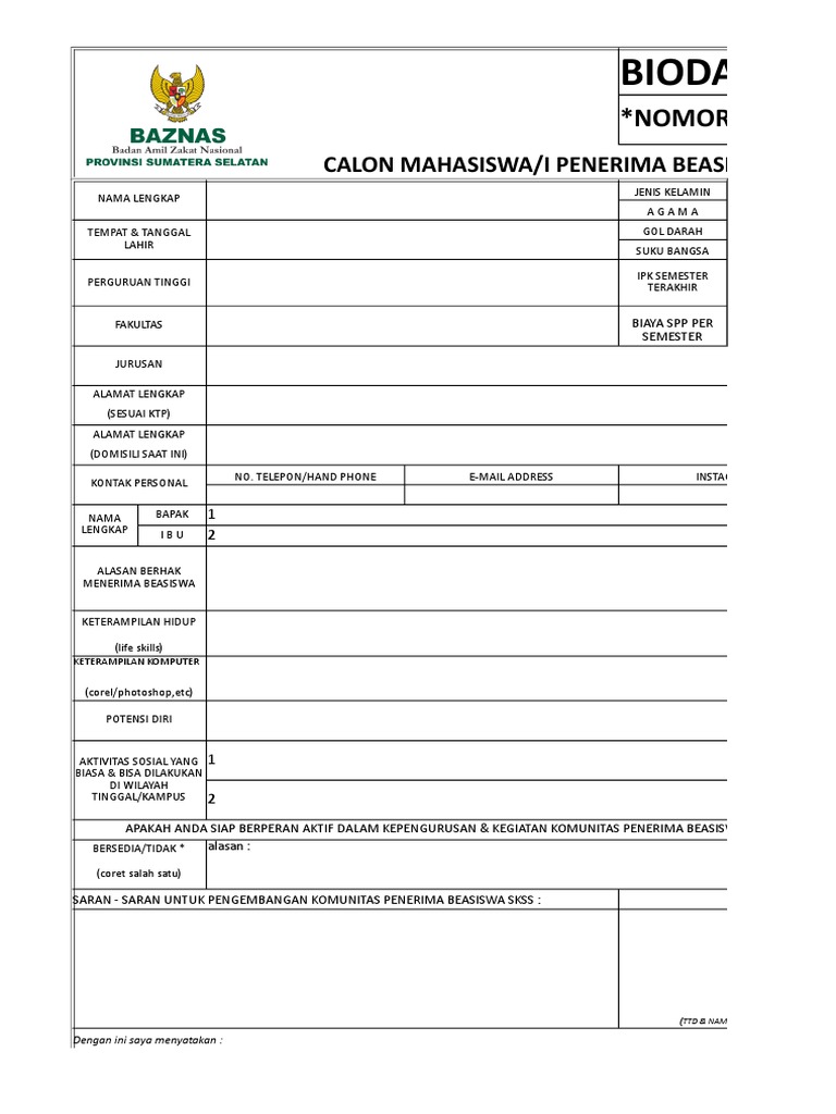Biodata Calon Penerima Beasiswa SKSS | PDF