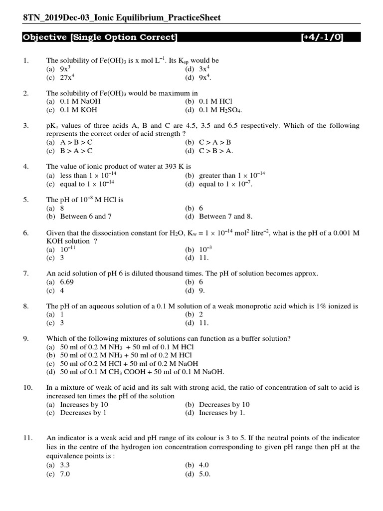 Ionic Equilibrium Practice Sheet: Solubility Products, pH Calculations, and Buffer Solutions ...