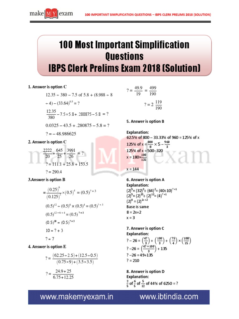 100 Most Important Simplification Questions PDF - Solution.. | PDF ...