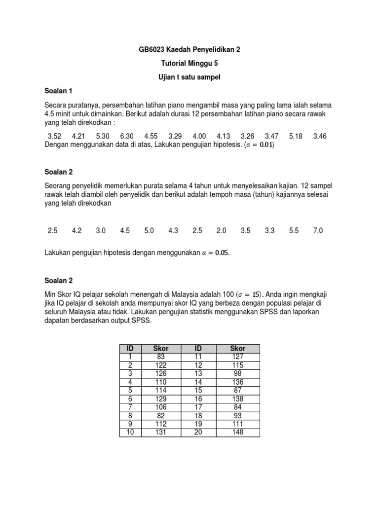 Tutorial M5 - Ujian T Satu Sampel-20191011054241 | PDF