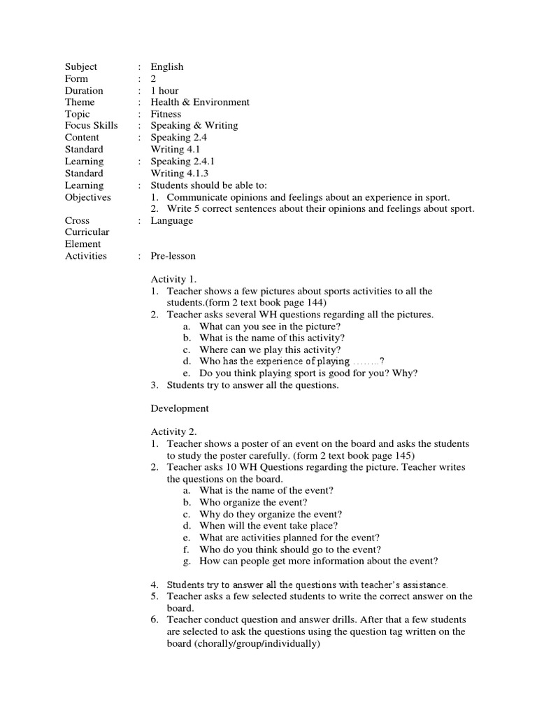 Form 2 Health Speaking | PDF | Question | Lesson Plan