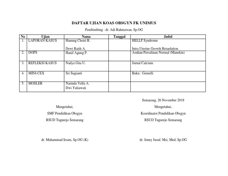 Jadwal Ujian Koas Obsgyn UNIMUS | PDF