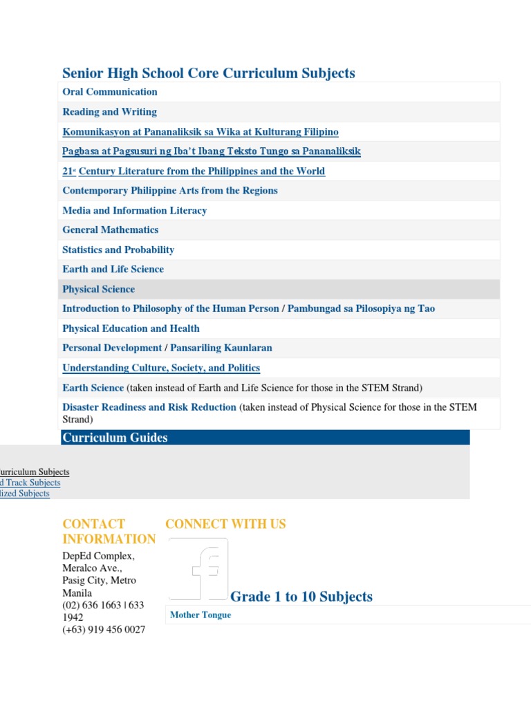 Senior High School Core Curriculum Subjects | PDF | Curriculum ...
