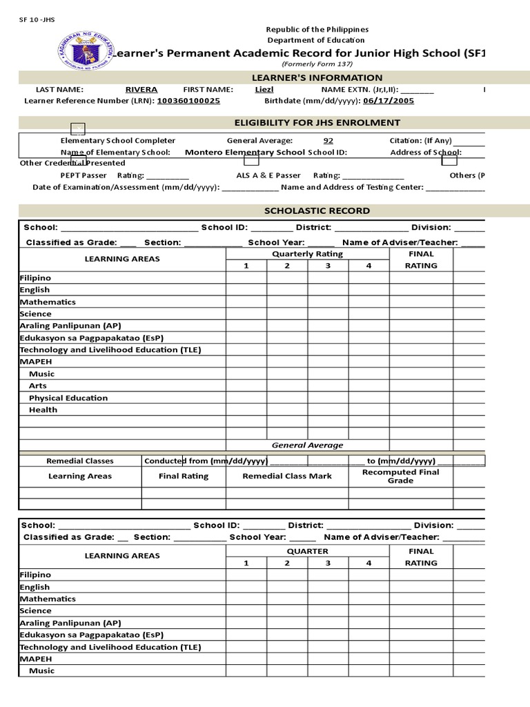 School Form 10 SF10 Learner's Permanent Academic Record For Junior High School - 3 | PDF ...