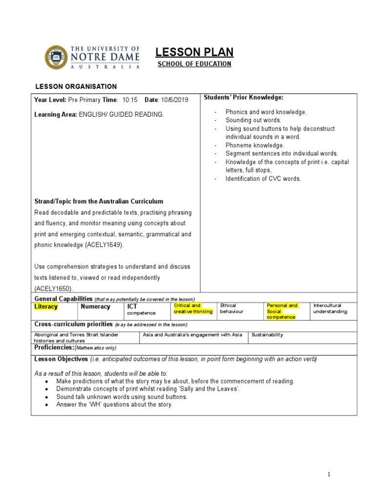 Pre-Primary Guided Reading Lesson Plan | PDF | Reading Comprehension ...