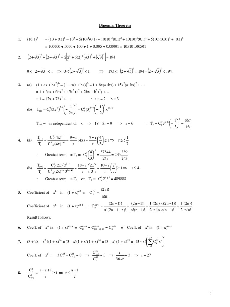 Binomial Theorem Solution PDF | PDF | Numbers | Teaching Mathematics