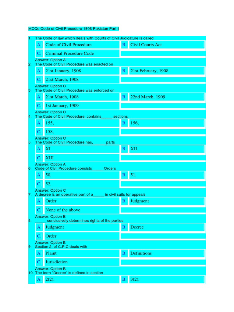 MCQs on Pakistan's Civil Procedure Code 1908 | PDF | Lawsuit | Service ...
