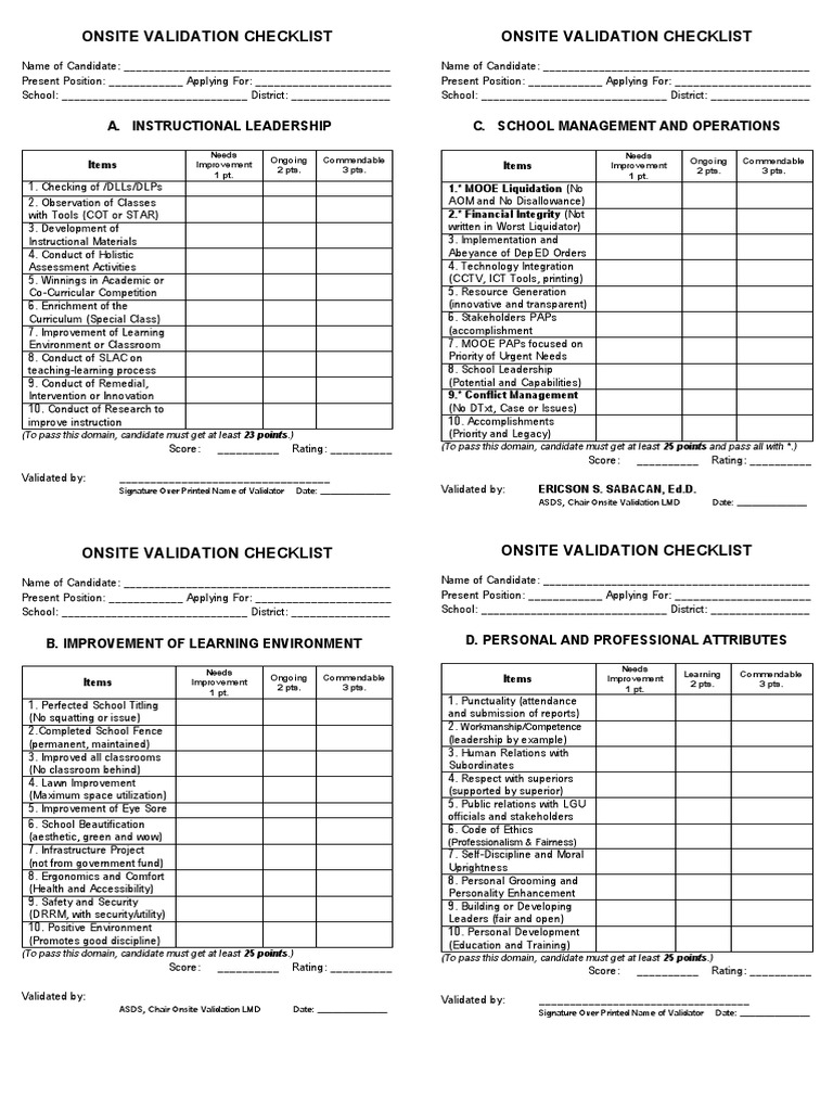 Onsite Validation Checklist | PDF | Educational Technology | Learning