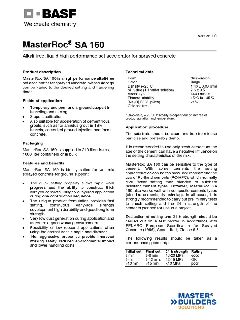 Basf Masterroc Sa160 Tds | PDF | Concrete | Pump