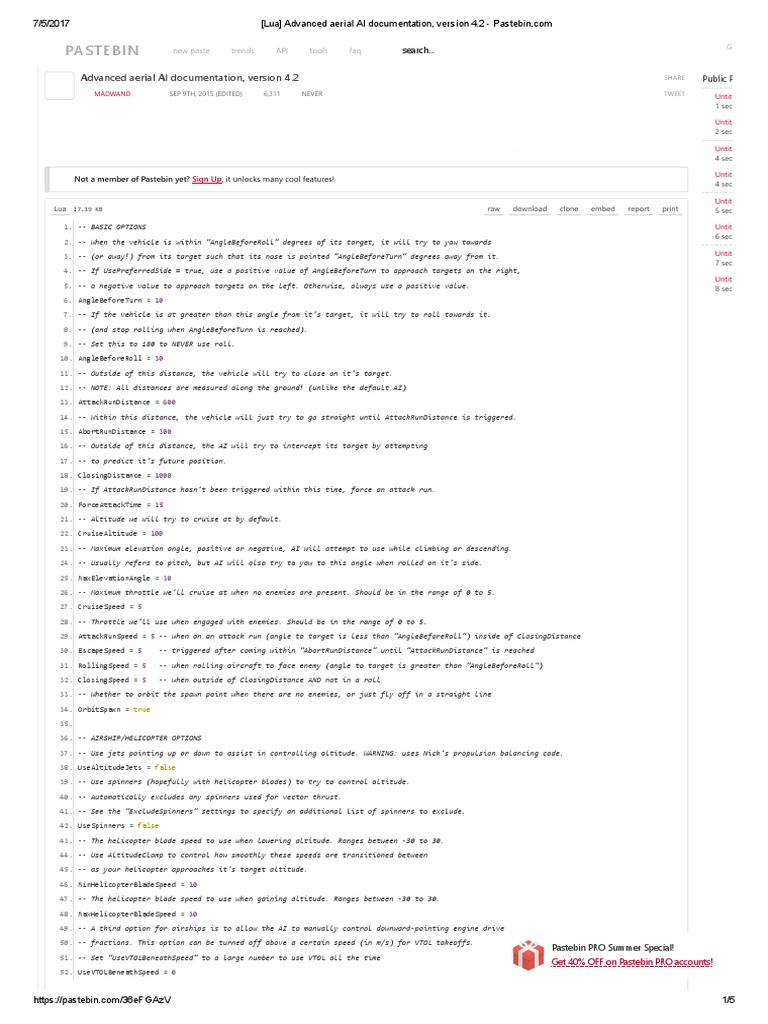 (Lua) Advanced Aerial AI Documentation, Version 4.2 - Pastebin | PDF ...