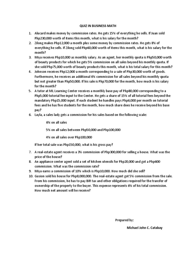 Quiz in Business Math Commissions | PDF | Real Estate Broker | Government