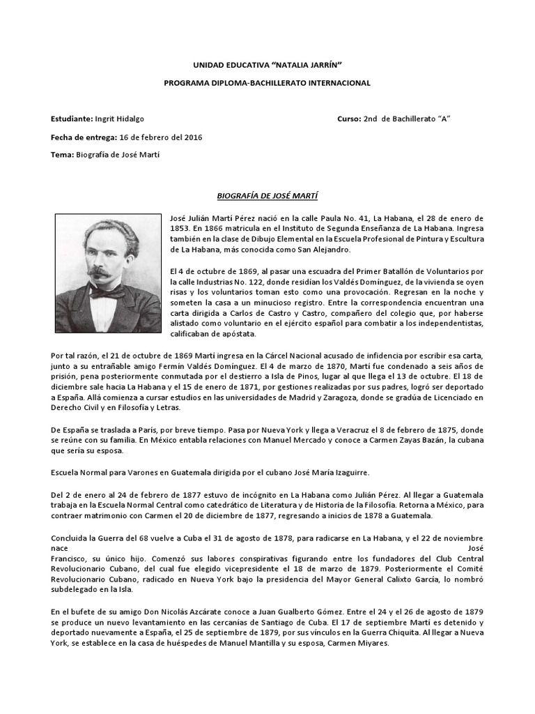 Biografía detallada de José Martí, héroe nacional cubano y líder de la ...