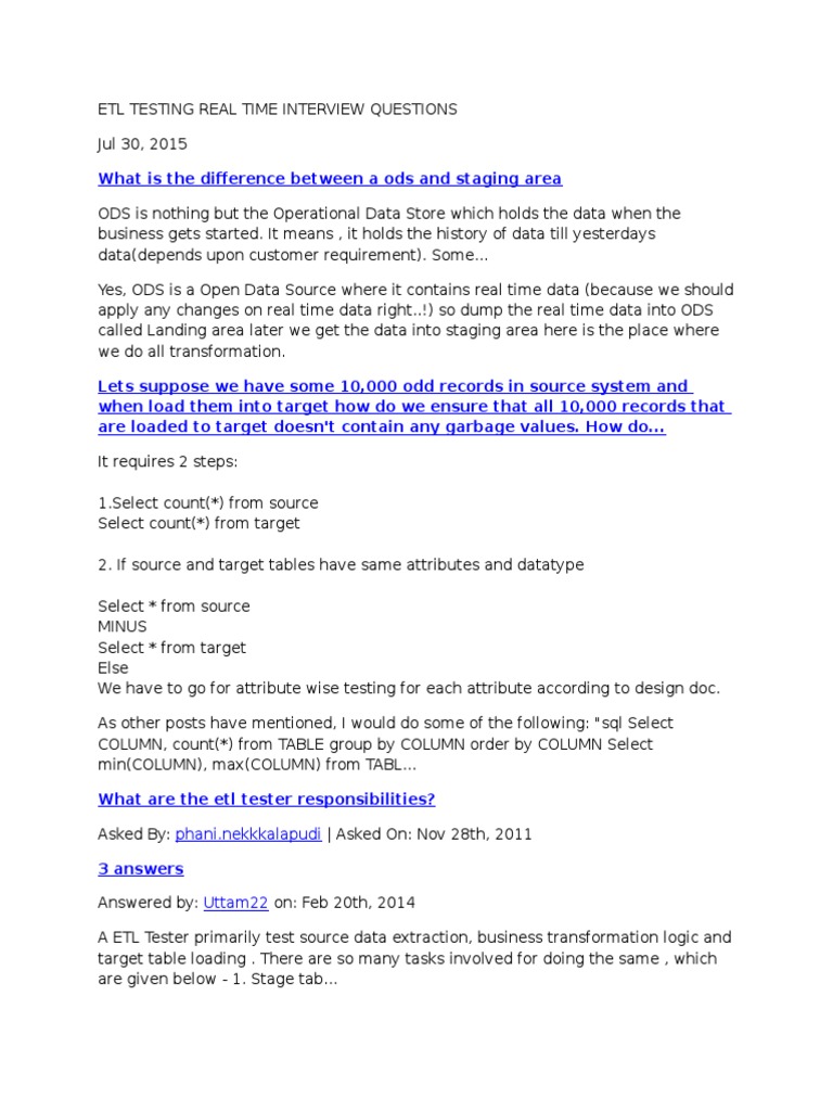 Etl Testing Real Time Interview Questions PDF | PDF | Data Warehouse ...