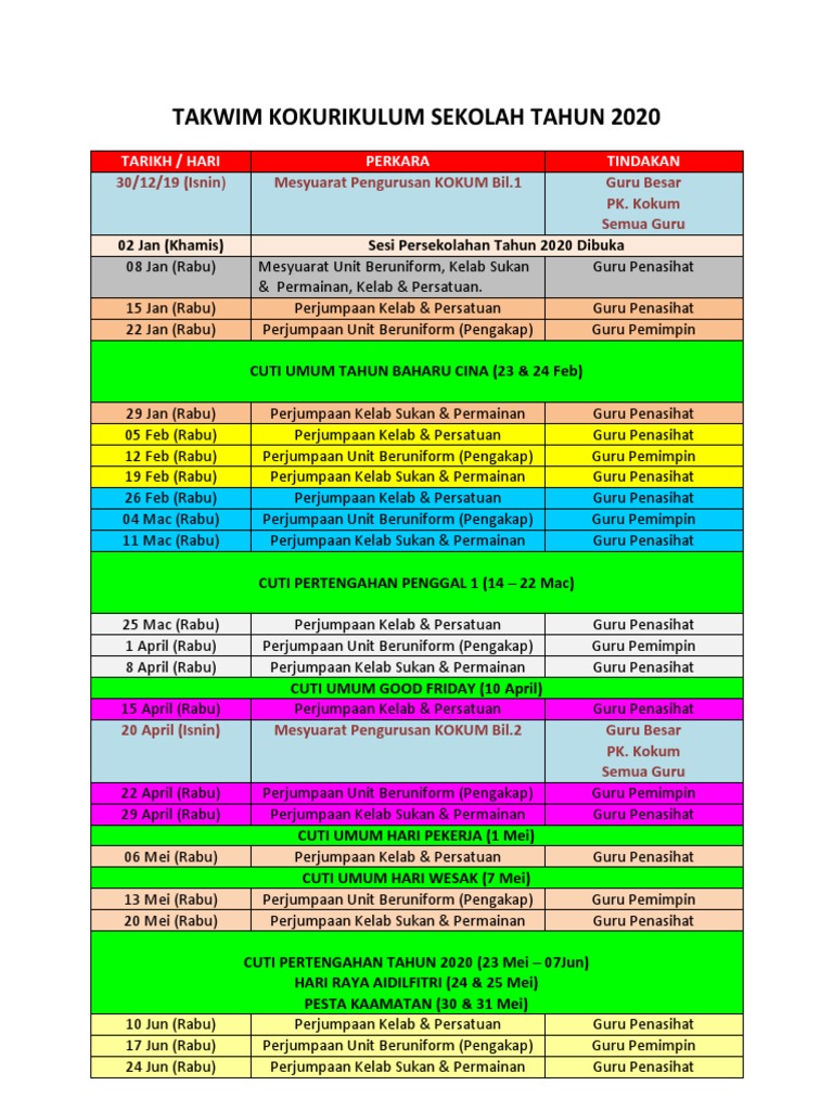 Takwim Kokurikulum Tahun 2020 | PDF