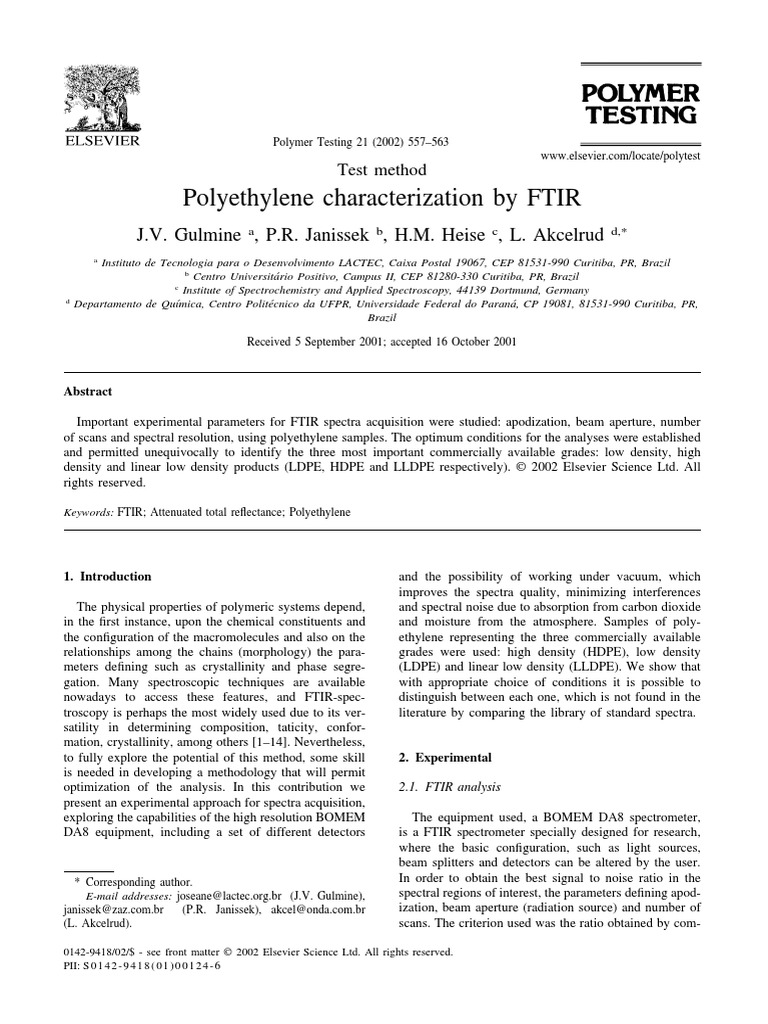 Polyethylene Characterization by FTIR | PDF | Polyethylene | Spectroscopy