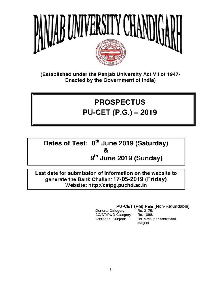 Pu Cet PG Prospectus 2019 | PDF | University And College Admission | Master's Degree