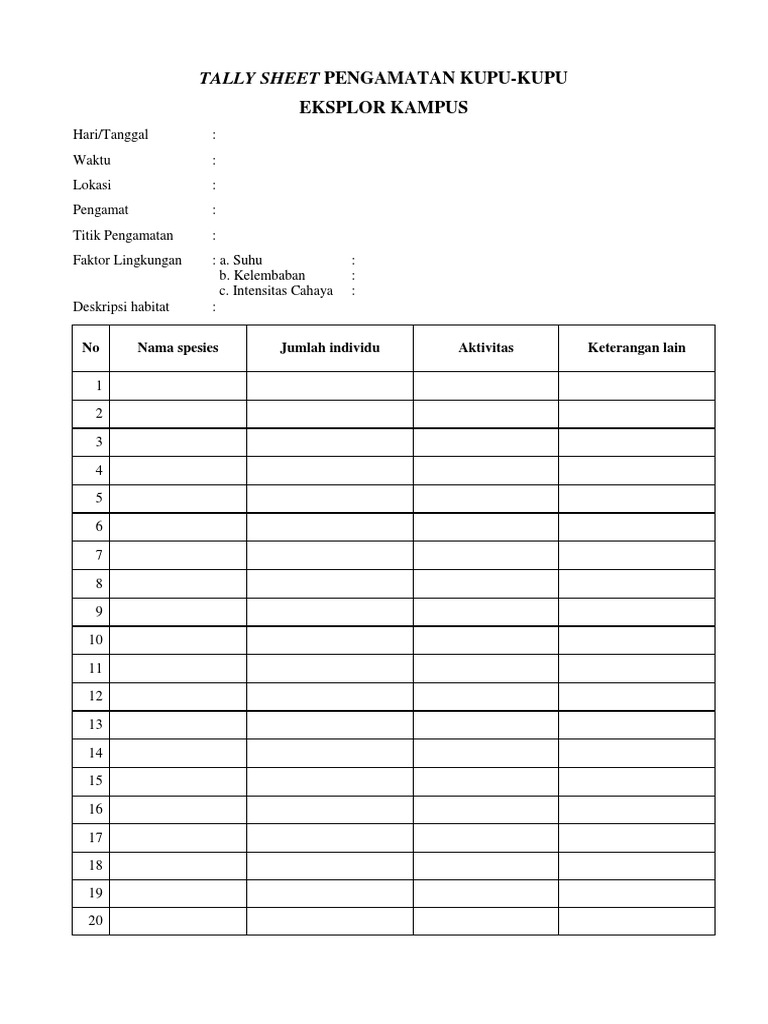 Tally Sheet Pengamatan Capung Kupu | PDF