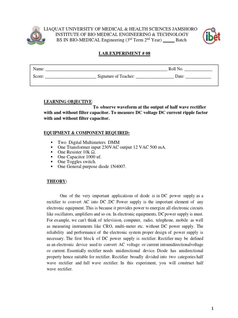 Basic Electronics Lab 08 | PDF | Rectifier | Power Supply