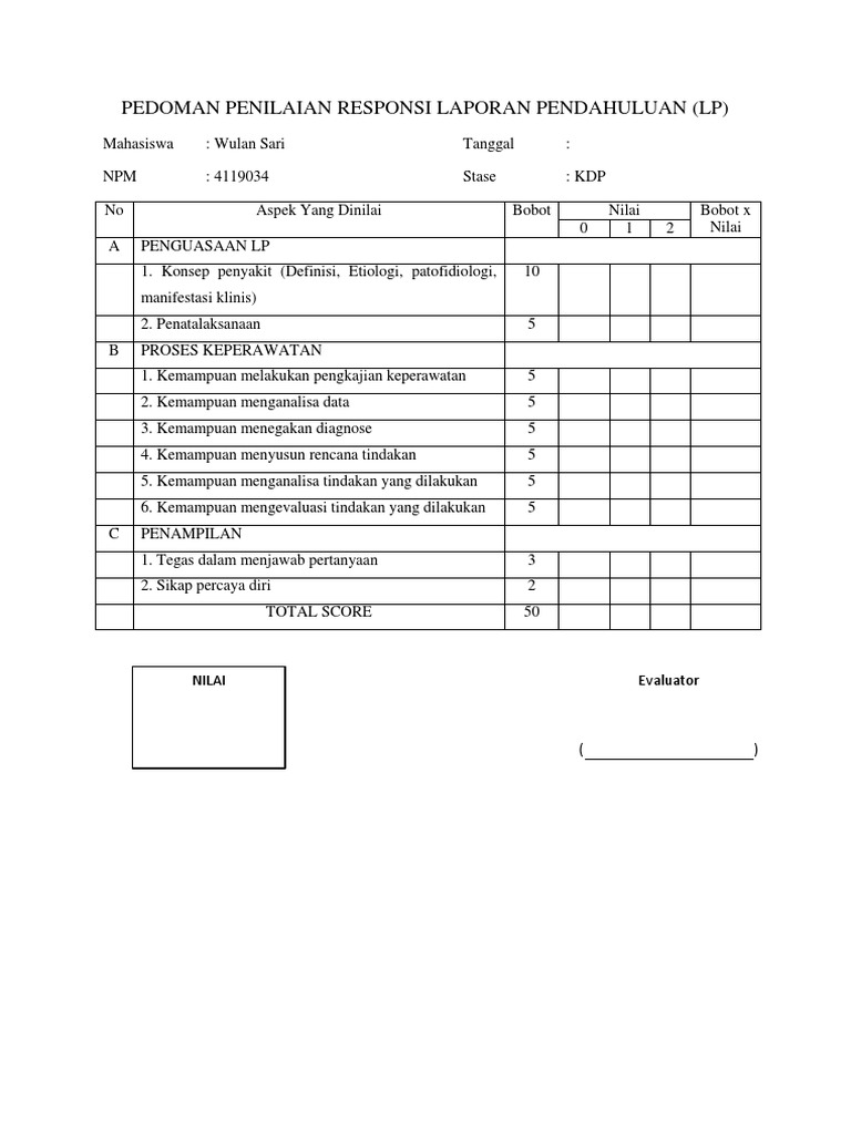 Pedoman Penilaian Responsi Laporan Pendahuluan (LP) | PDF