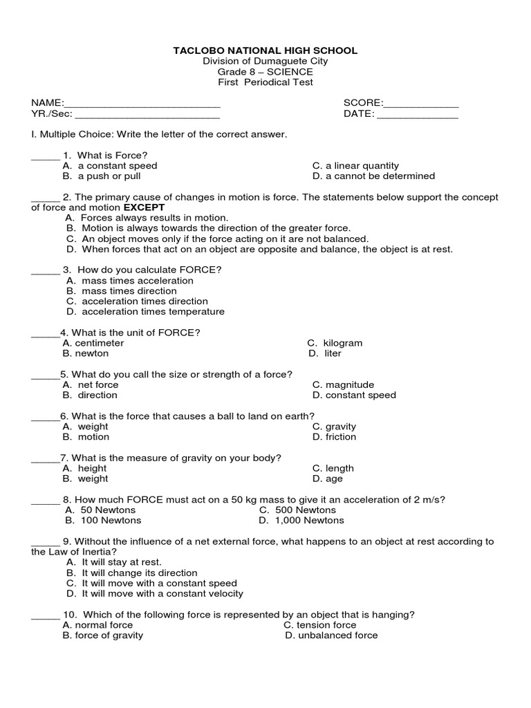 Grade 8 Science 1st Periodical Test | PDF | Freezing | Force