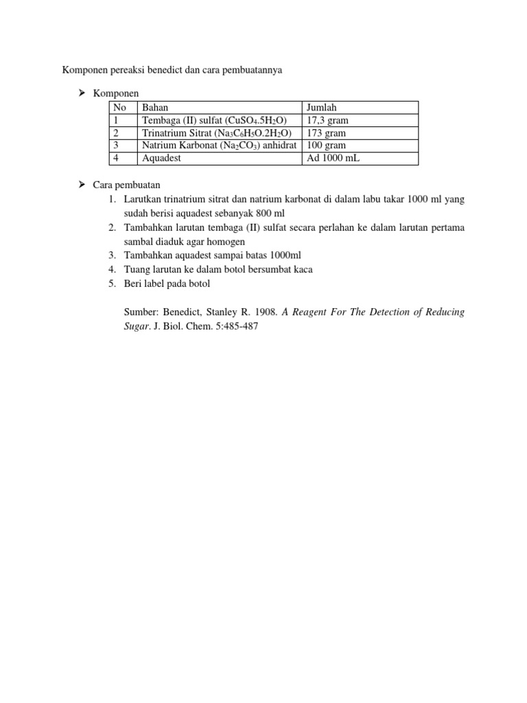 Komponen Pereaksi Benedict Dan Cara Pembuatannya | PDF