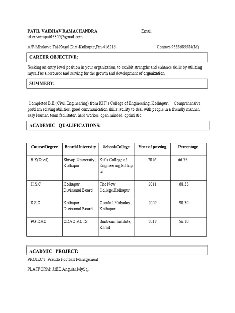 Resume - CDAC - Vaibhav Patil PDF | PDF | Career & Growth | Technology & Engineering