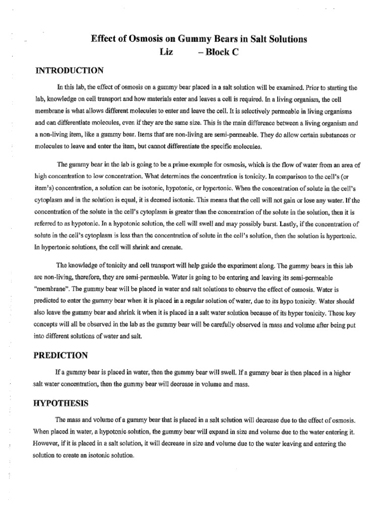 Osmosis Experiment With Gummy Bears | PDF
